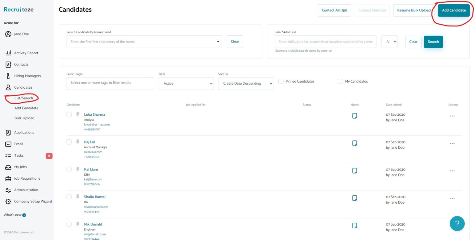 Recruiteze - Add Candidate Manually | Online Applicant Tracking System
